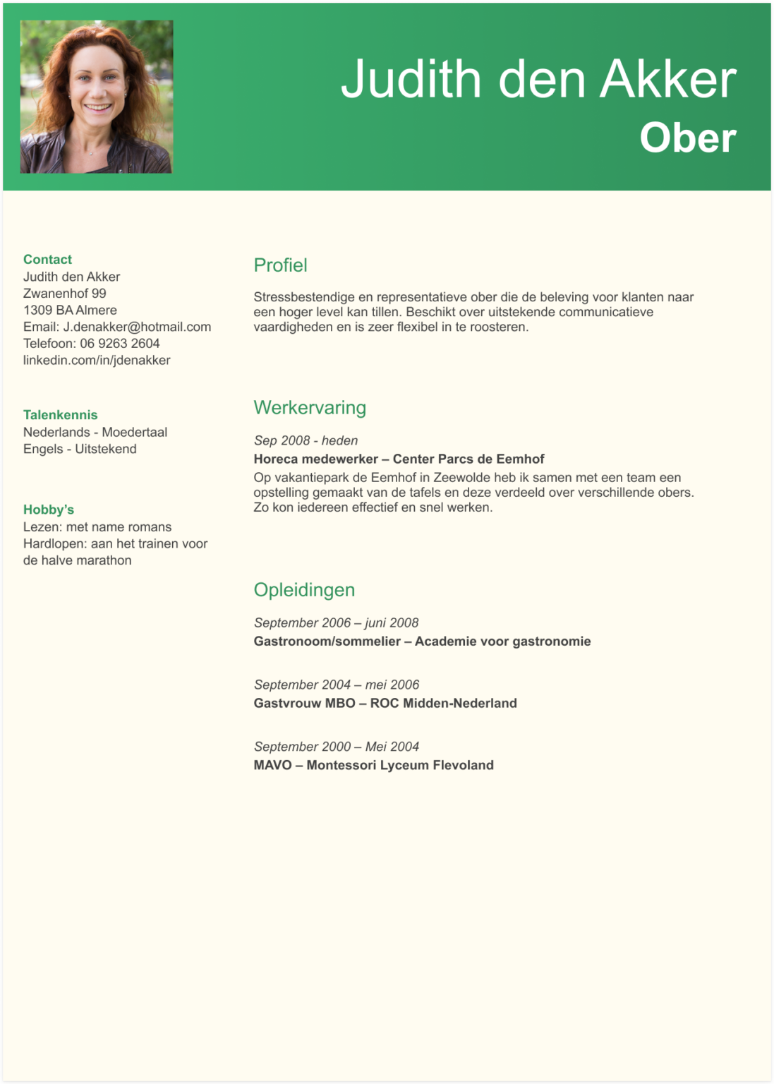 Cv voorbeeld Ober/ Serveerster - Beaks.nl